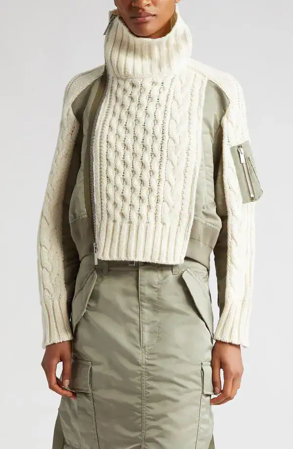 Sacai Nylon Twill & Wool Blend Knit Blouson Jacket In Off Whitel